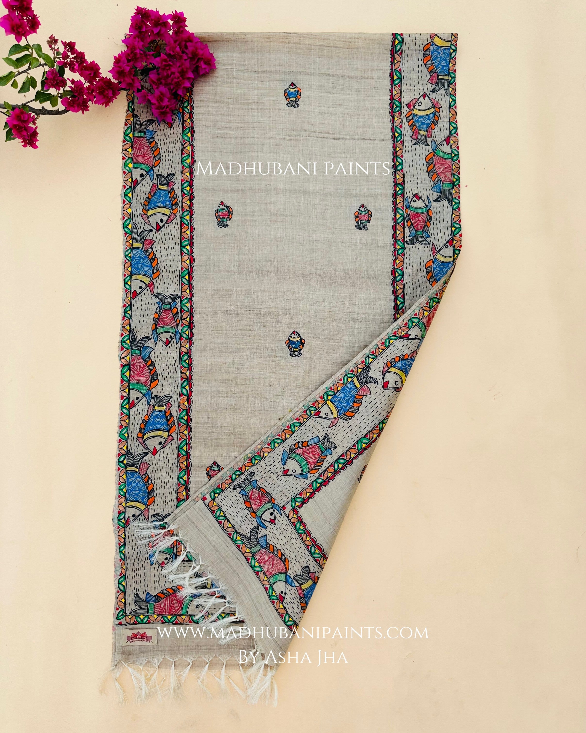 Surmai Hand-painted Tussar Silk Stole – MADHUBANI PAINTS BY ASHA JHA