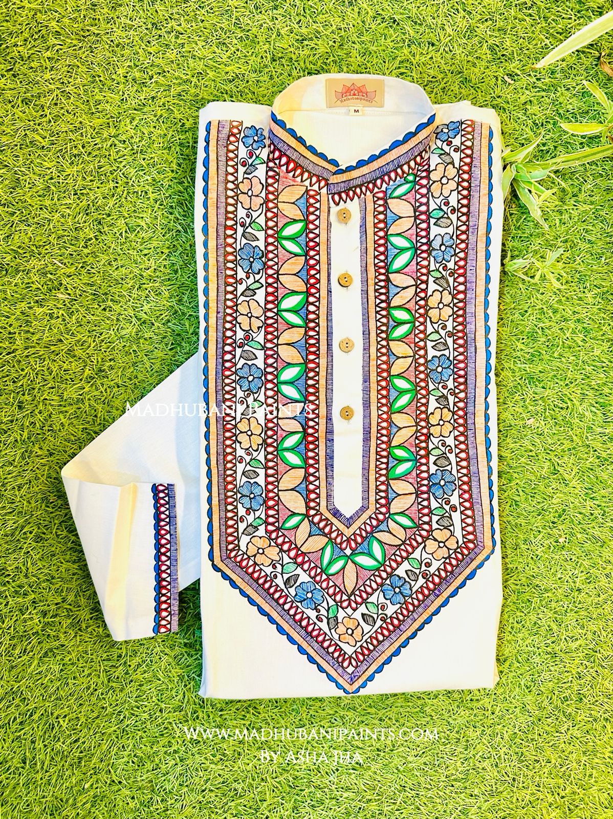 Beige Mithila Border Hand-painted Handloom Men's Cotton Kurta ...