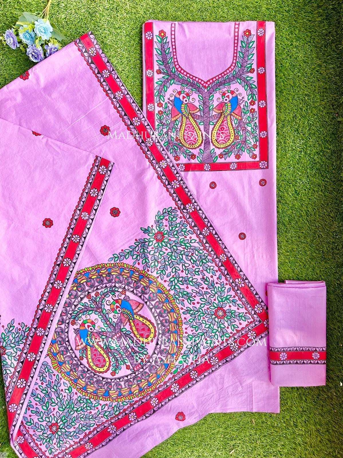 Lilac Judwa Mayuri Hand-painted Madhubani Painting Cotton Unstitched K ...