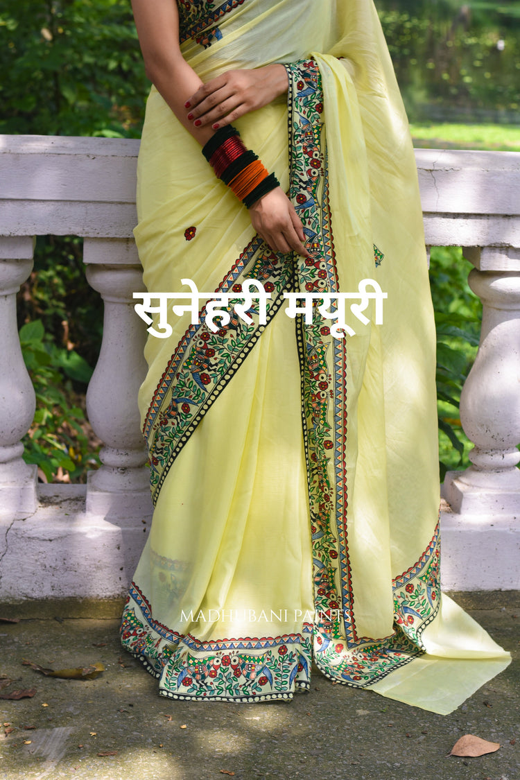 Sunehri Mayuri Hand-painted Madhubani Chiffon Saree – MADHUBANI PAINTS ...