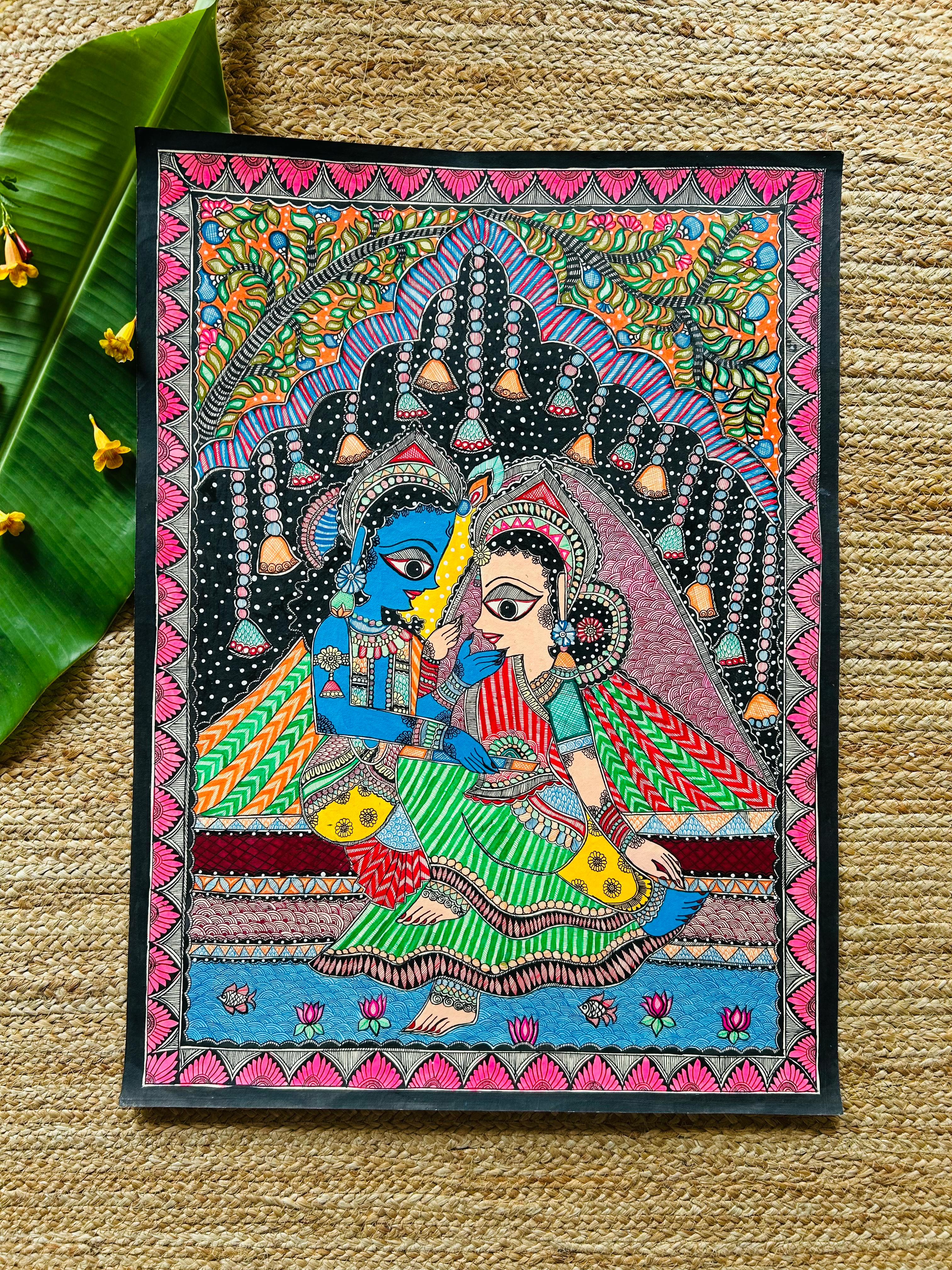 Radha Krishna Prem Mithila Wall Hanging – MADHUBANI PAINTS BY ASHA JHA