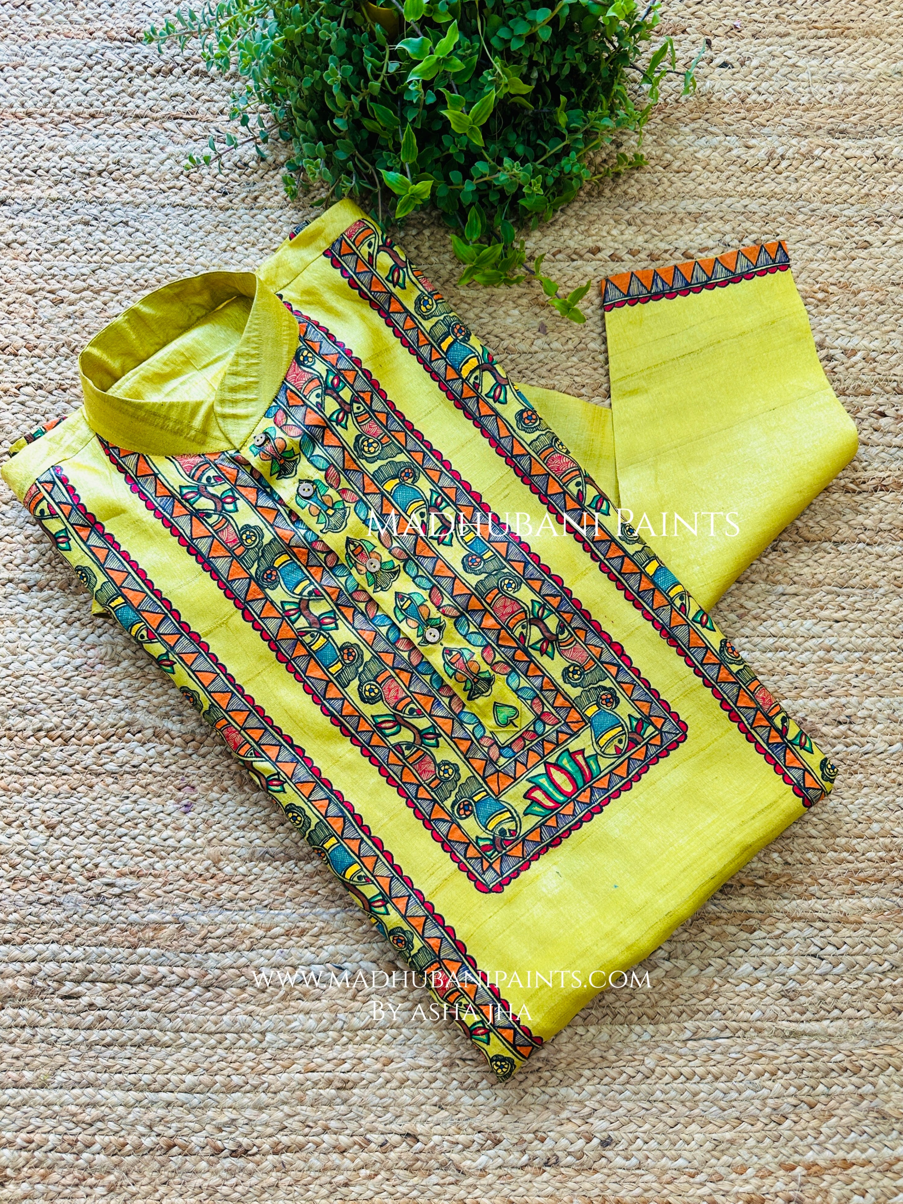 Macchli Kamal Hand-painted Madhubani Men's Tussar Silk Kurta ...