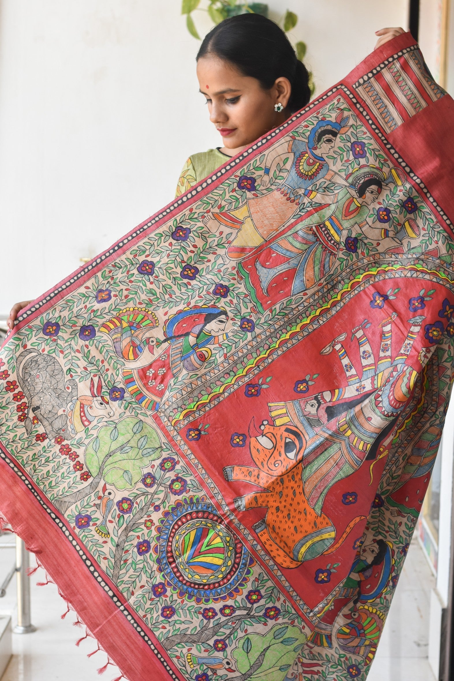 Durga Red Hand Painted Madhubani Saree – MADHUBANI PAINTS BY ASHA JHA
