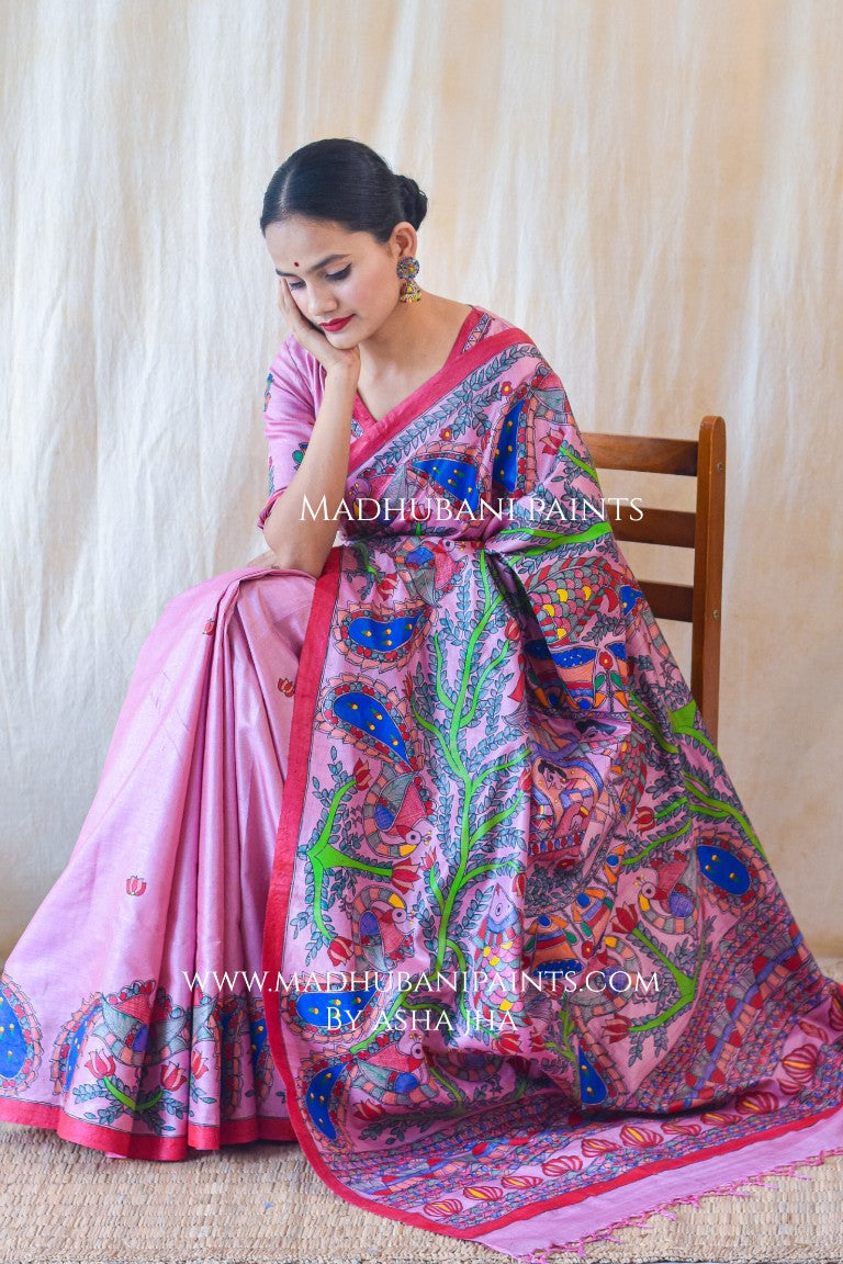 GULABI MAYURI DOLI Madhubani Painting Saree Blouse set – MADHUBANI ...