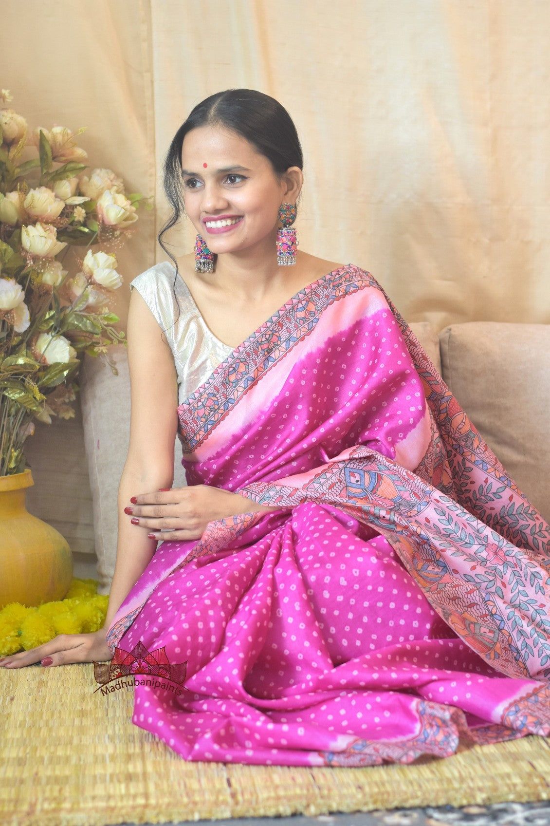 Madhubani Bandhani Gulabi Matasya Leela Hand Painted Saree – MADHUBANI ...