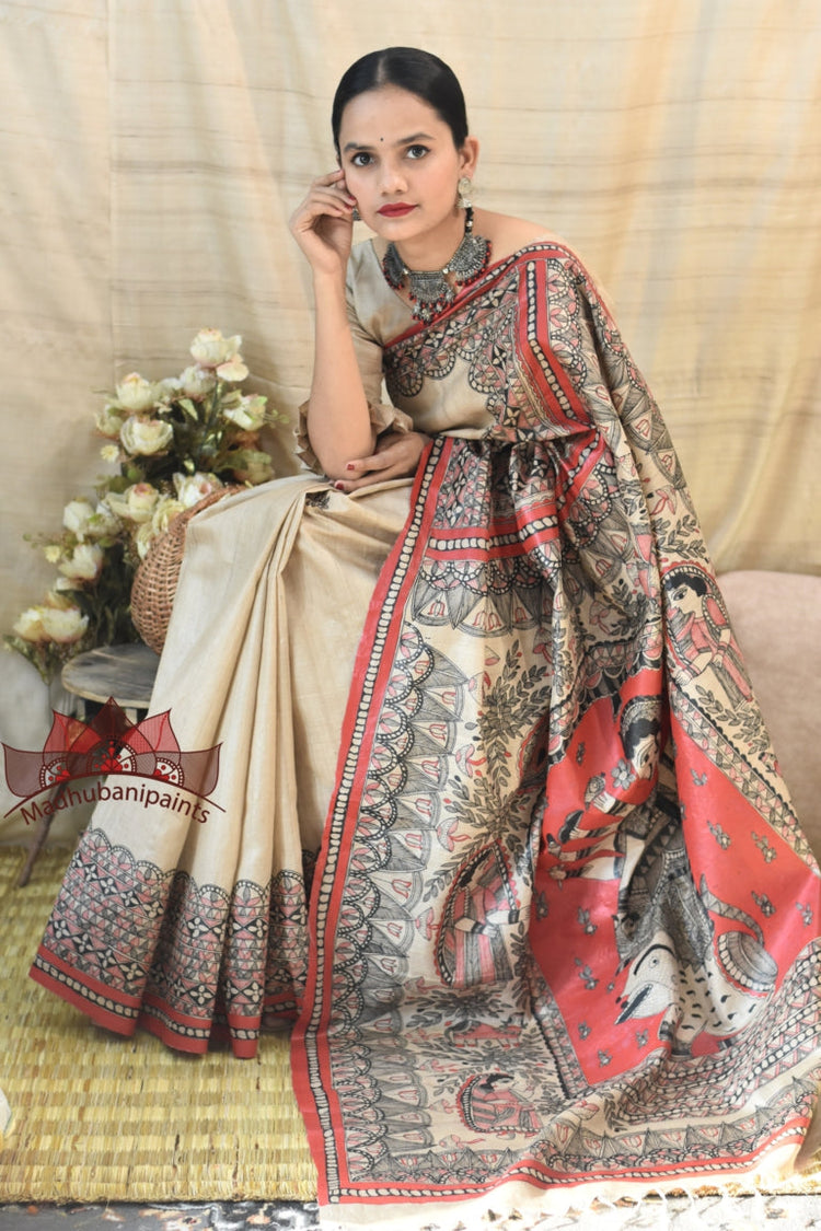 Maa Durga Red Black Hadpainted Tussar Saree – MADHUBANI PAINTS BY ASHA JHA