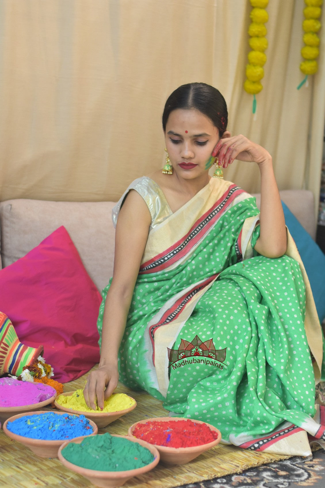 Madhubani Hariyali Bageecha Bandhej Hand Painted Saree – MADHUBANI ...